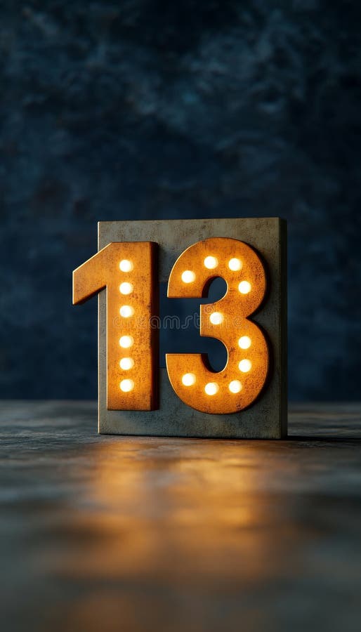 Number Thirteen, Illuminated Rustic Metal Sign on Dark Background with ...