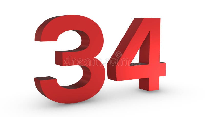 Number 34 Thirty Four Red Sign 3D Rendering Isolated on White ...