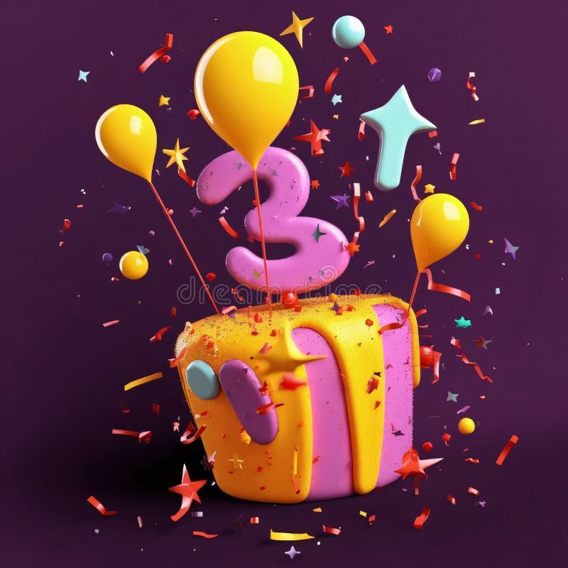 Number Three Birthday Cake with Balloons and Confetti. 3D Render Stock ...