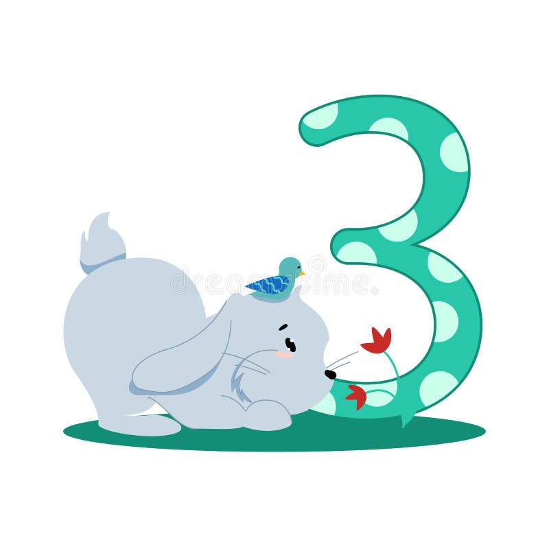Number Three and a Gray Easter Bunny with a Bird Stock Illustration ...
