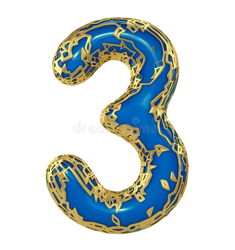 Number Three 3 Made of Golden Shining Metallic with Blue Paint Isolated ...