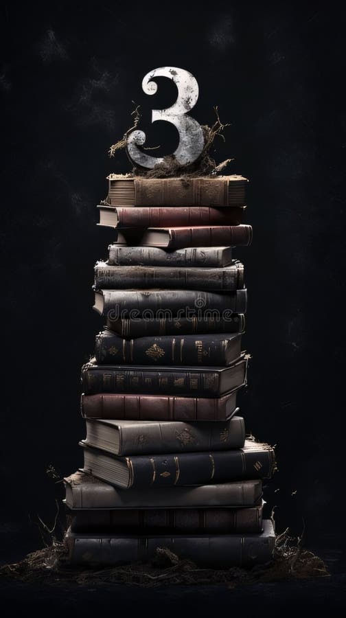 Number Three on a Stack of Old Books on a Black Background Stock ...
