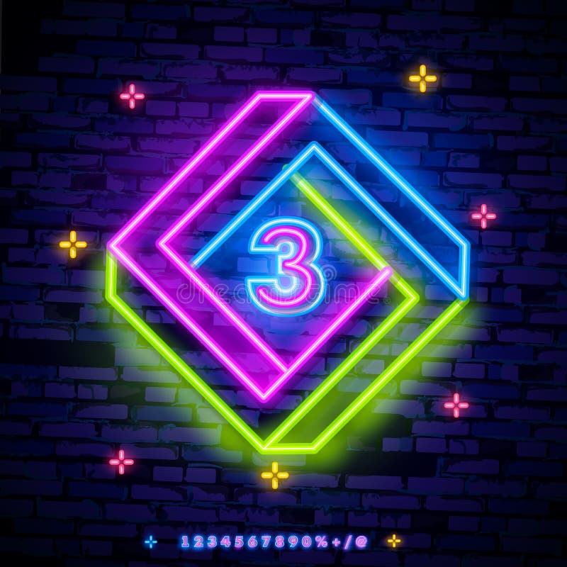 Number Three Symbol in a Cheerful Multi-colored Frame Neon Sign Vector ...