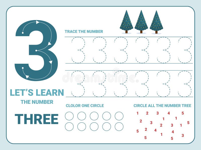 Number Three Tracing Practice Worksheet. Training Write and Count ...