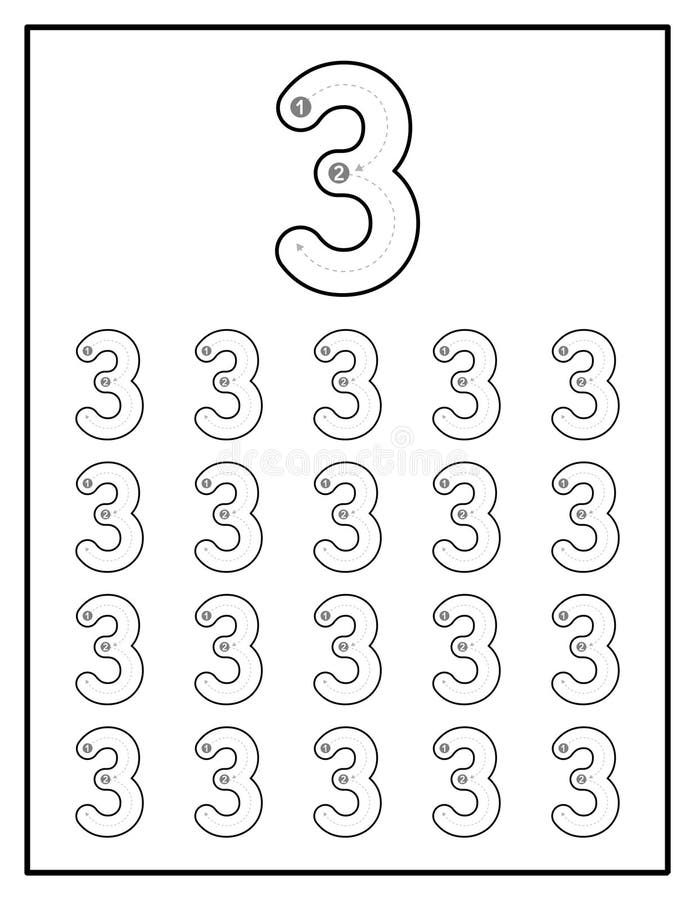 Number Tracing Practice Worksheets for Kids Number Three 3 Stock Vector ...