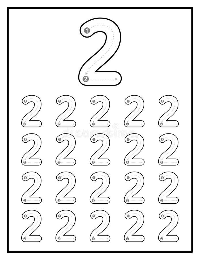 Number Tracing Practice Worksheets for Kids Number Two 2 Stock Vector ...