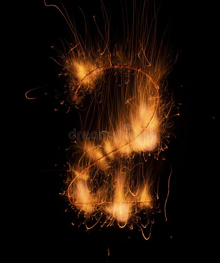 Number Two, Fire in Dark. Luminous Lines of Sparks. Explosion Black ...
