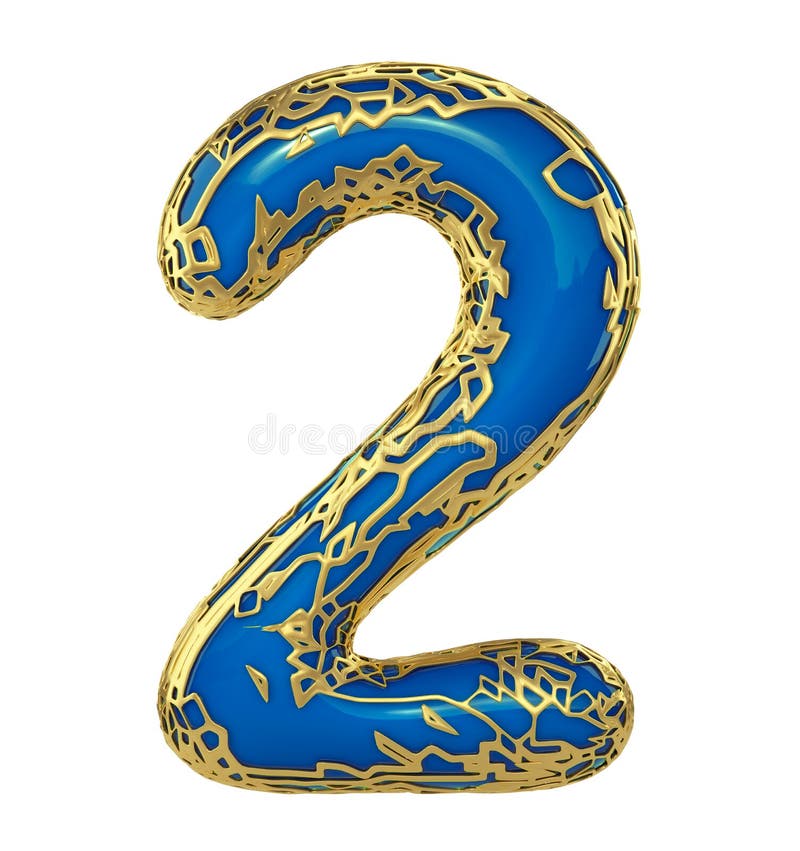 Number Two 2 Made of Golden Shining Metallic with Blue Paint Isolated ...