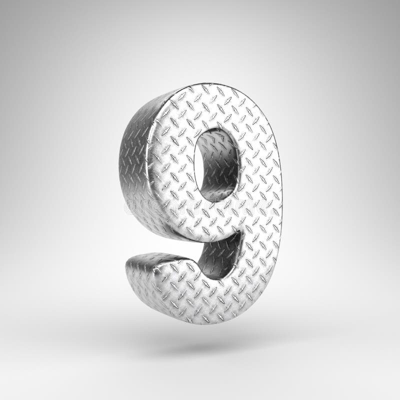 Number 9 on White Background. Aluminium 3D Number with Checkered Plate ...