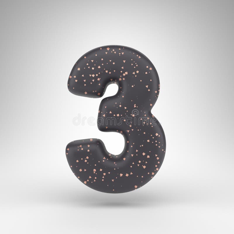 Number 3 on White Background. Black Matte 3D Number with Copper Dots ...