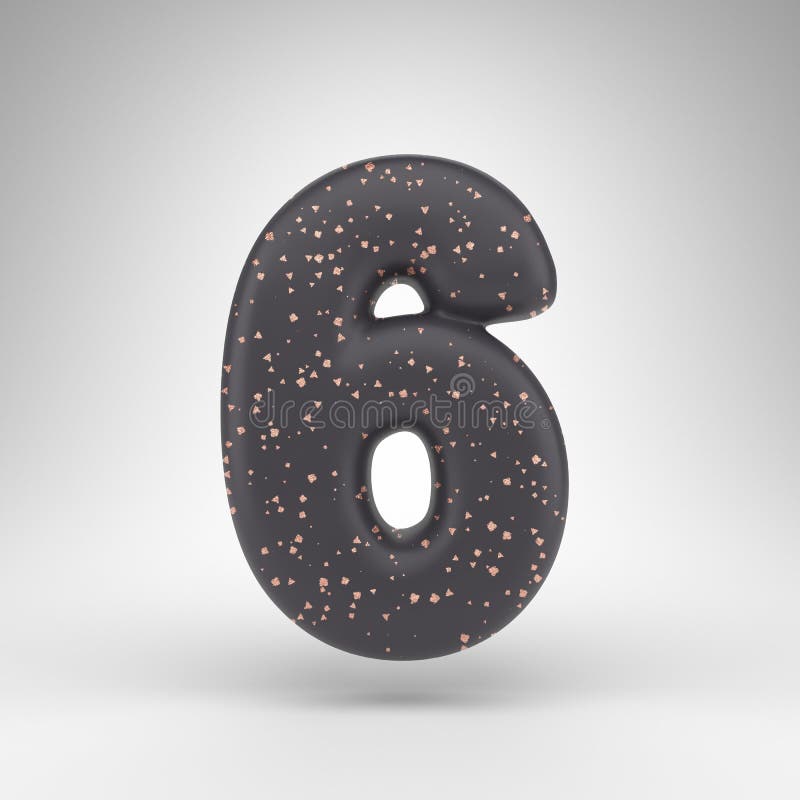 Number 6 on White Background. Black Matte 3D Number with Copper Dots ...