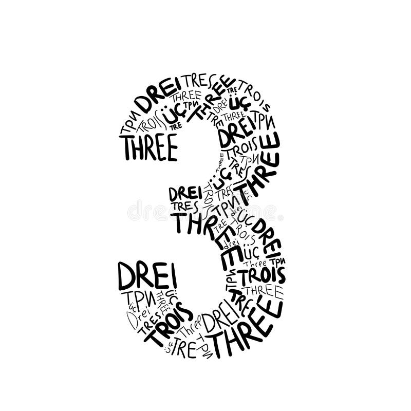 Three - Multilingual Hand Drawn Number Illustration Stock Illustration ...