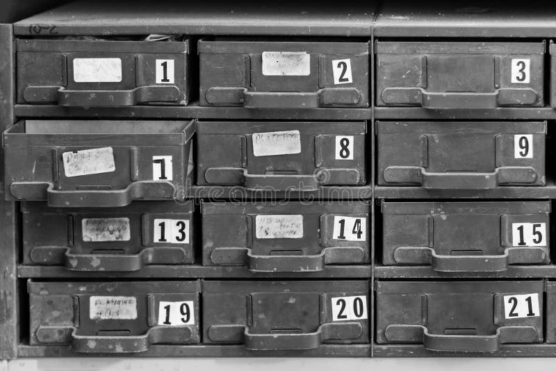 Numbered Antique Metal Drawers - B&W Stock Image - Image of grid ...