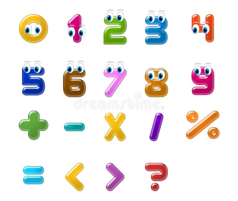 Adorable Number Characters with Eyes and Colorful Math Symbols for Kids ...
