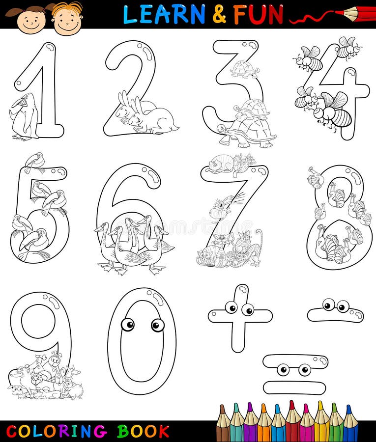 Numbers with Cartoon Animals for Coloring Stock Vector - Illustration ...