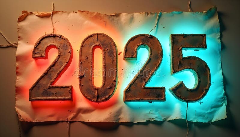 Happy New Year 2025 Written on the Old Paper with Colored Lights. Stock ...