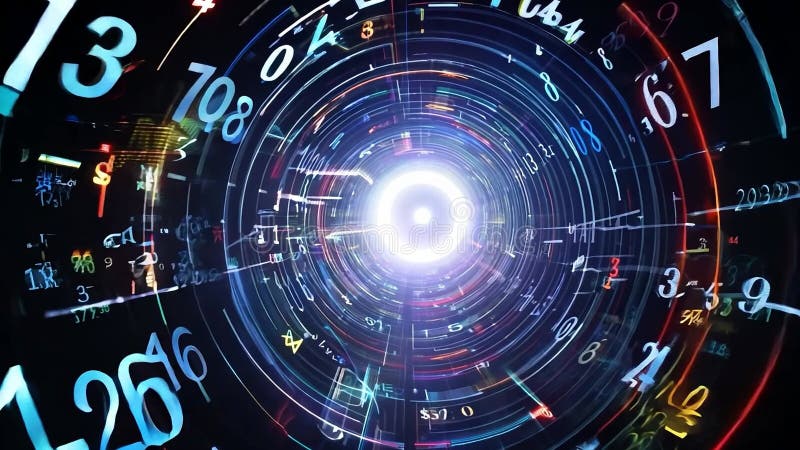 Numbers and Equations Rotating Around Bright Light on Black Background ...