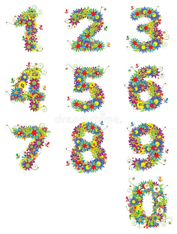 Set of Numbers with Floral Decoration Stock Illustration - Illustration ...