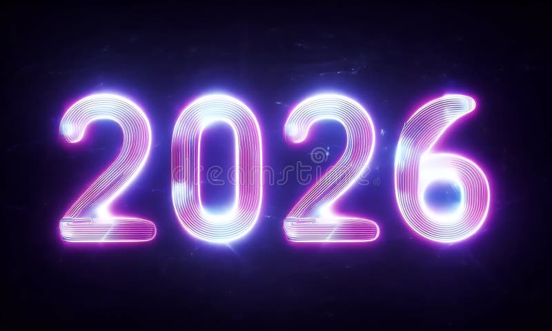 The Numbers 2026 Glow Neon and are Surrounded by Flashes of Light Stock ...