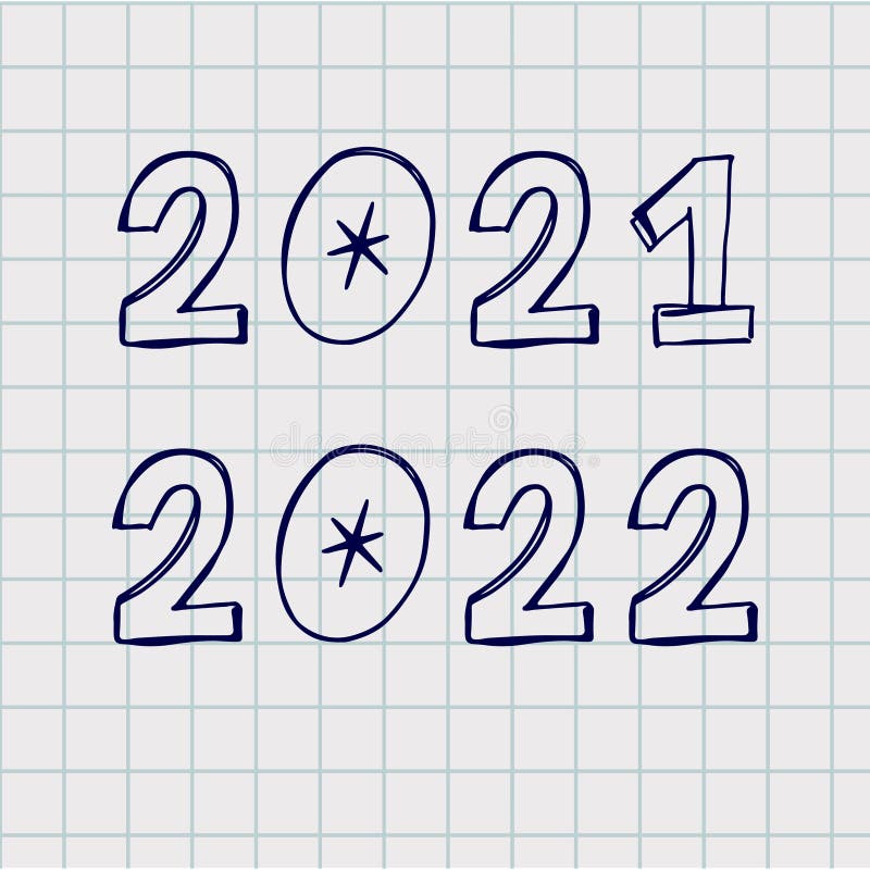 2022 2021 Numbers Made with Vector Doodle Brushe. Hand Drawn New Year ...