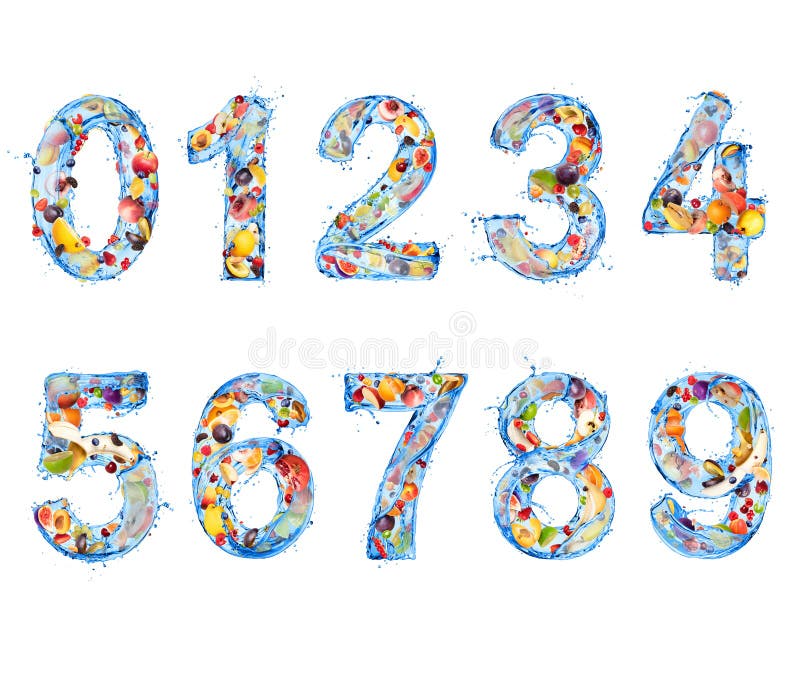 Numbers are Made of Water Splashes and Different Fruits and Berries ...