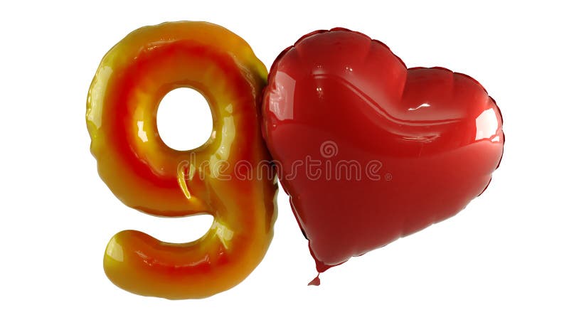 Numbers Nine Balloon with Red Heart Isolated on White Background Stock ...