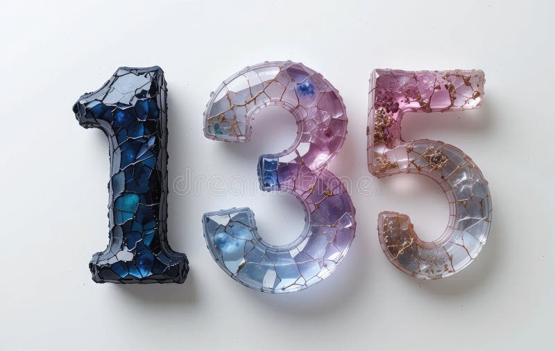 Numbers One Three Five with Cracked Glass Effect on White Surface Stock ...