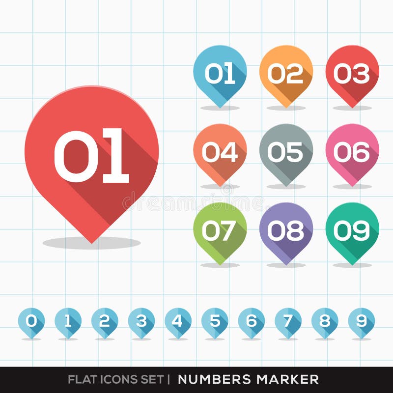 Numbers Pin Marker Flat Icons with Long Shadow Set Stock Vector ...