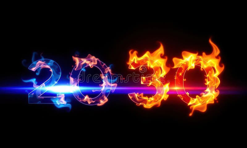 2030 Numbers with Contrasting Blue and Orange Fire Effects Year Text ...