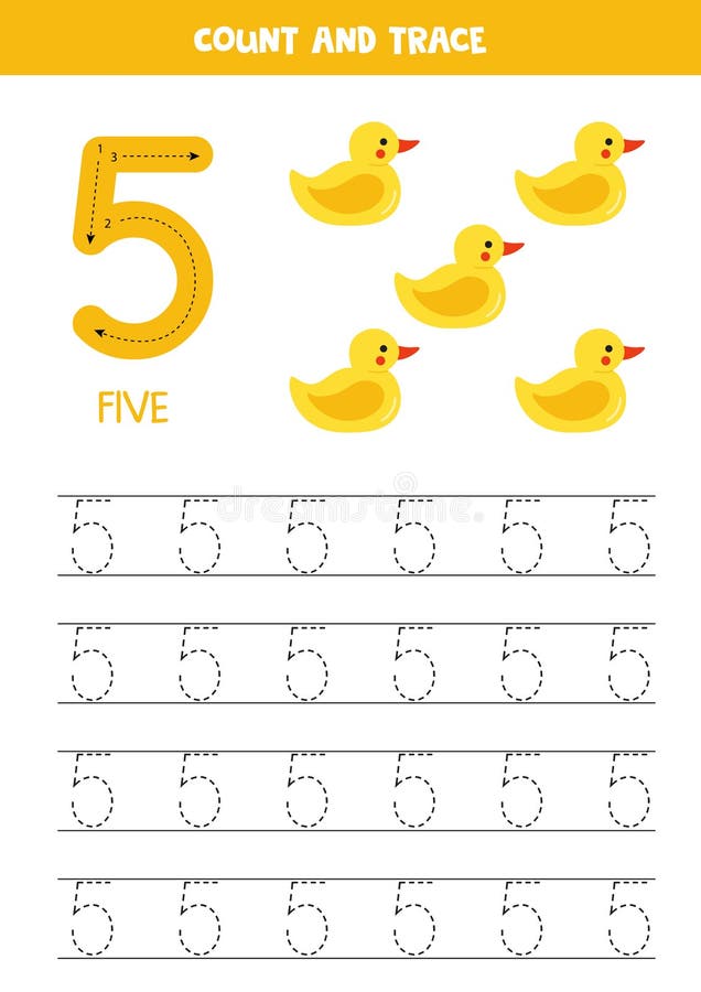 Numbers Tracing Practice. Writing Number Five. Cute Yellow Rubber Ducks ...