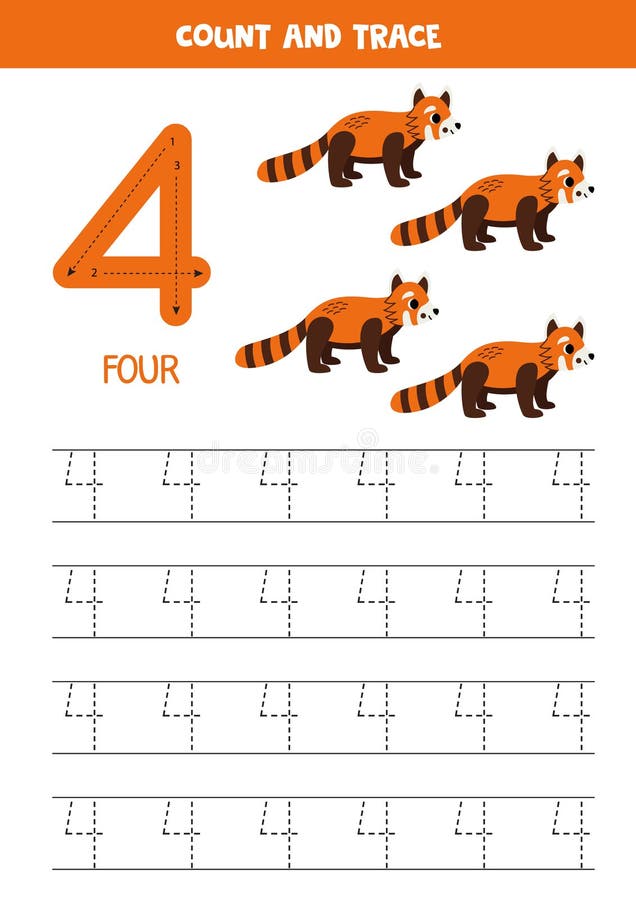 Numbers Tracing Practice. Writing Number Four. Cute Cartoon Red Pandas ...