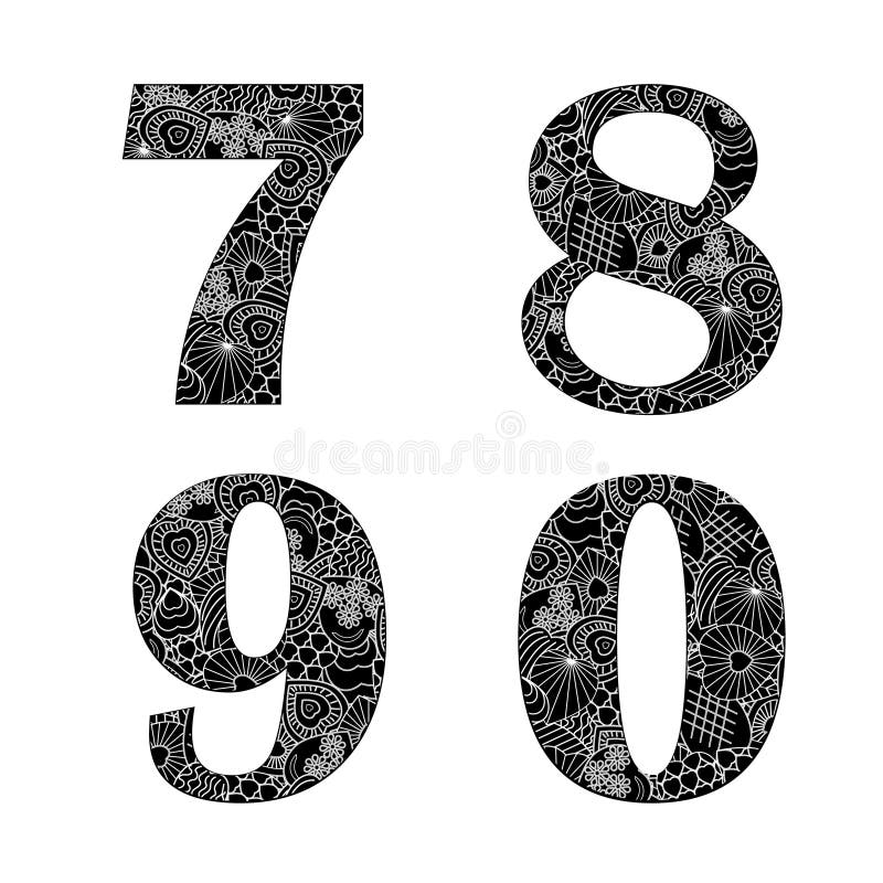 Numbers 7 8 9 0 Black Outline White Background in Collage Style, Vector ...
