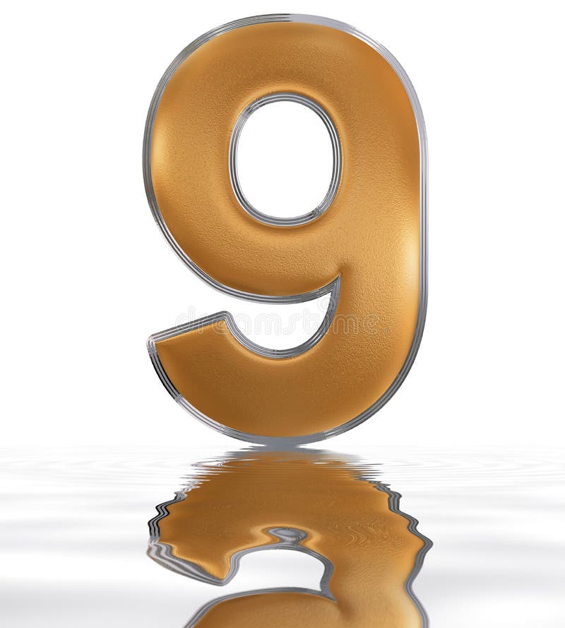 Numeral 9, Nine, Reflected on the Water Surface, on Wh Stock ...