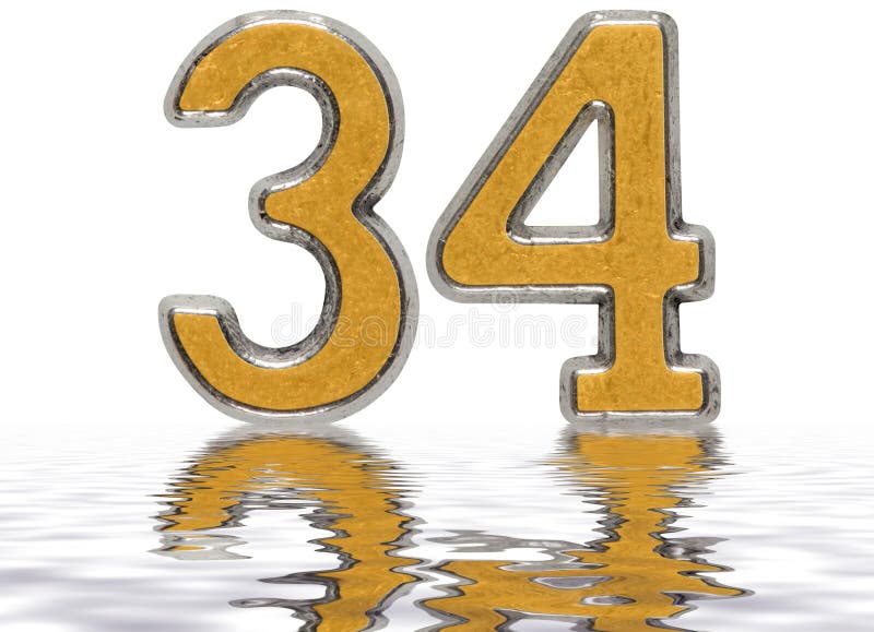 Numeral 34, Thirty Four, Reflected on the Water Surface, Isolate Stock ...