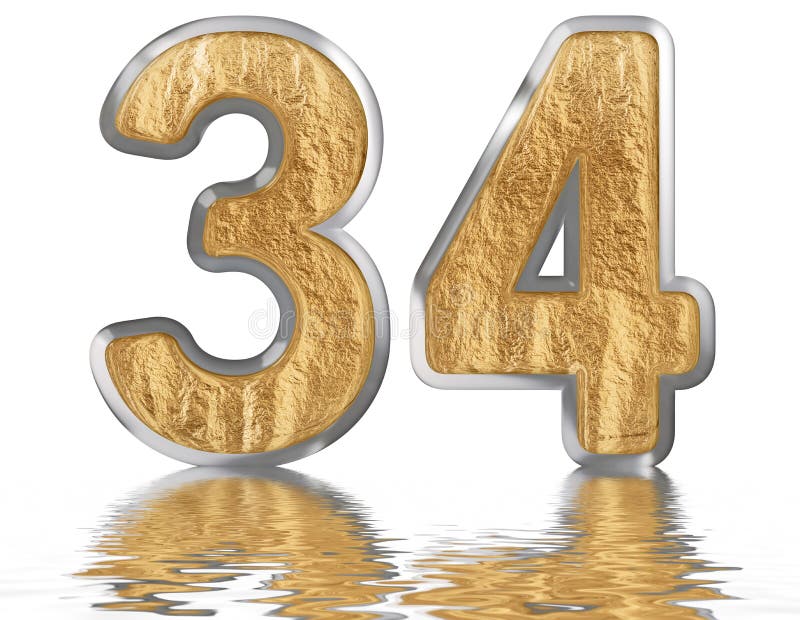 Numeral 34, Thirty Four, Reflected on the Water Surface, Isolated on ...