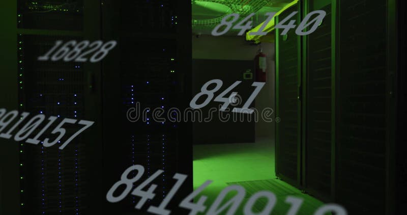 Numeric Overlay Updating Every Second in Green-lit Rack Aisle Displaying Metrics while LEDs ...