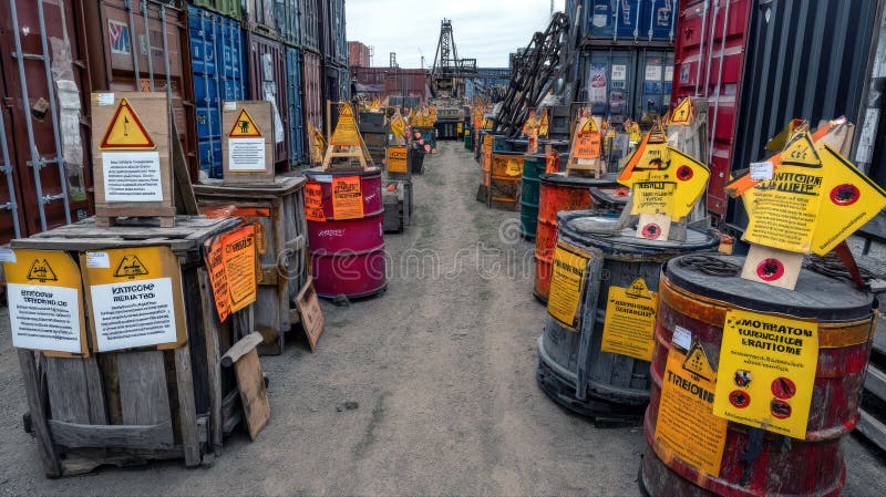 Barrels and Crates with Warning Signs Illustrating Trade War and ...