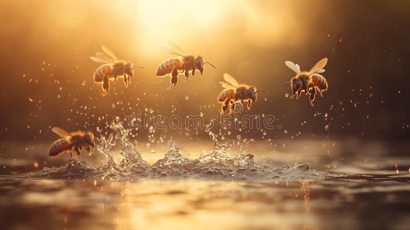Bees Gather Around Water Surface during Golden Hour, Creating Dynamic ...