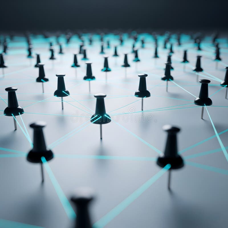 Numerous Black Pushpins are Interconnected by Glowing Blue Lines on a Grid, Symbolizing Networks ...