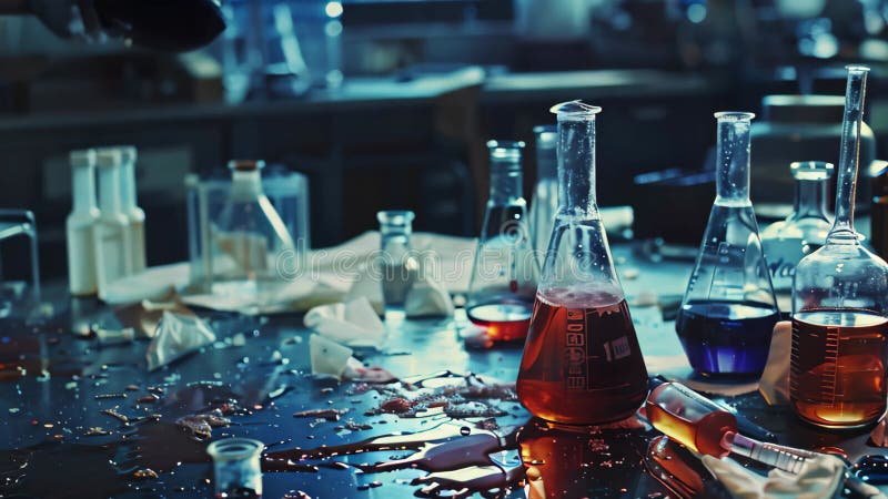 Numerous Bottles Filled with Various Liquids are Arranged on a Table ...