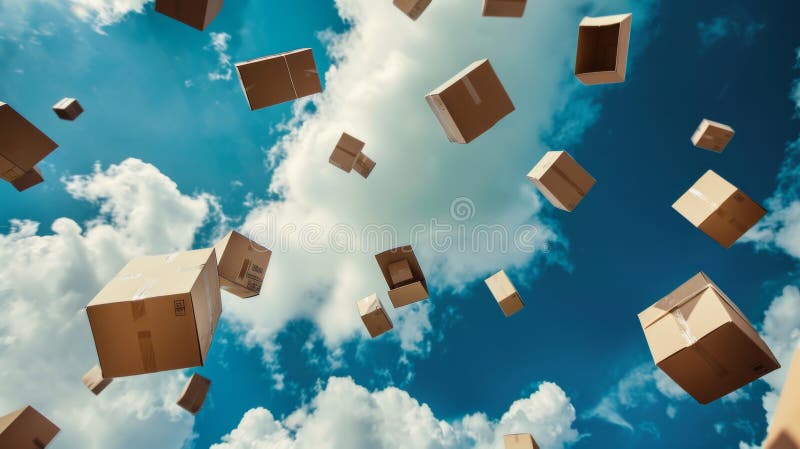 Numerous Cardboard Boxes Floating and Suspended in a Blue Sky ...