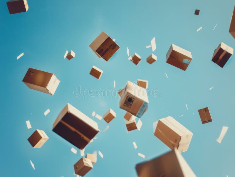 Numerous Cardboard Boxes Floating and Suspended in a Blue Sky ...
