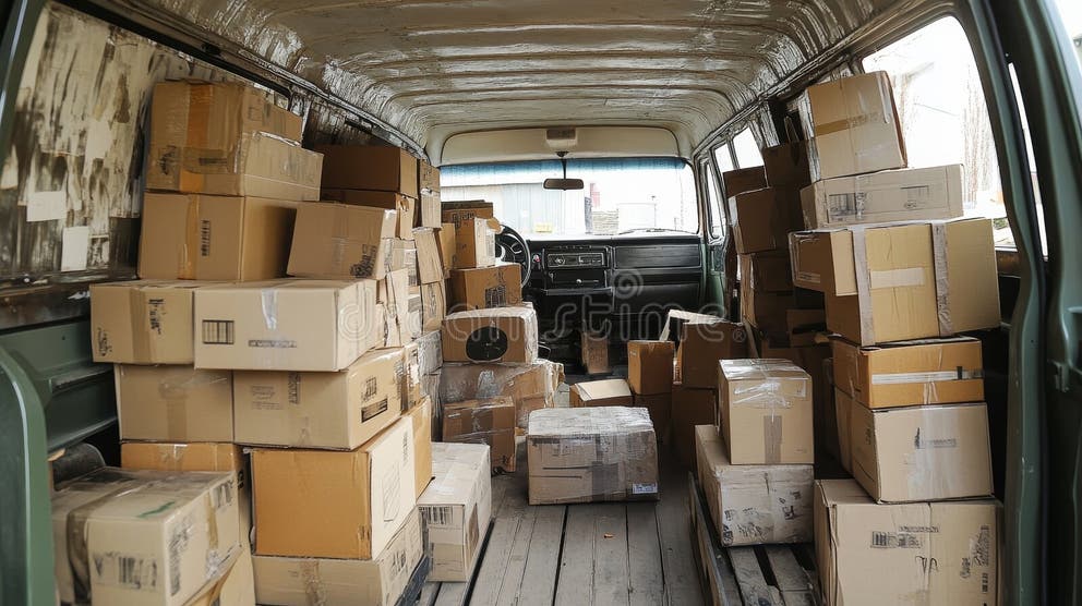 Numerous Cardboard Boxes Packed in the Back of a Van S Rear View for ...