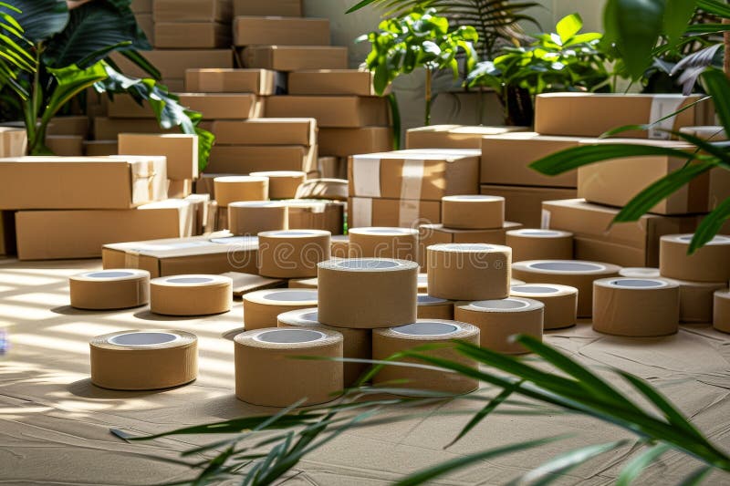 Numerous Cardboard Boxes and Packing Tape Rolls a Warehouse Storage and ...