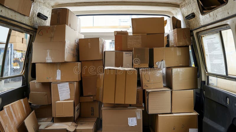 Numerous Cardboard Boxes Stacked in the Rear View of a Van, Creating a ...