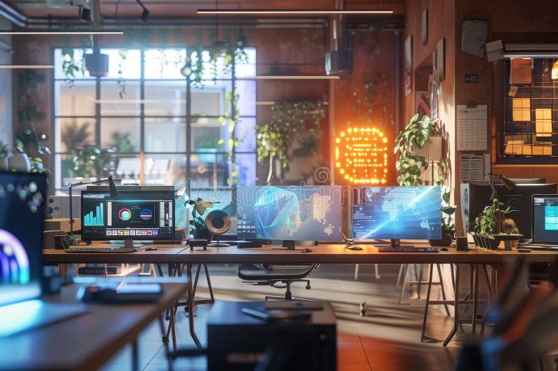 Numerous Computers and Desks Fill the Room, Creating a Busy Workspace ...