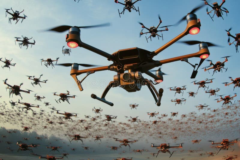 Numerous Drones Flying Above a Landscape during Early Evening Hours ...