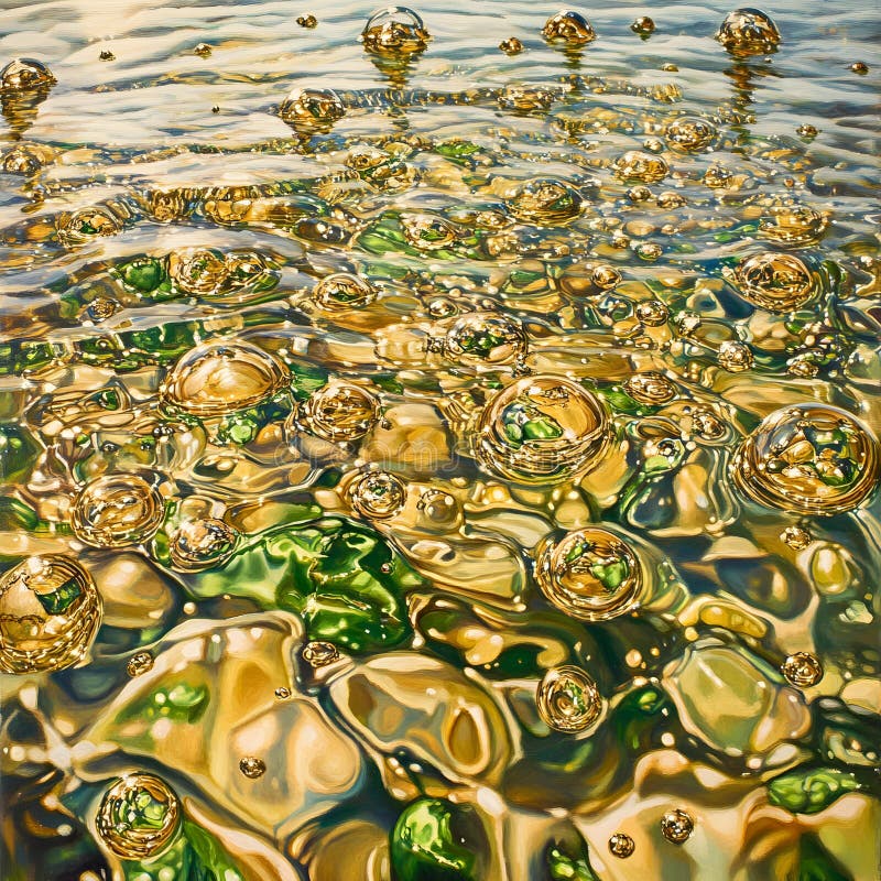 Numerous Golden Bubbles Float on Rippling Water with Green and Gold ...