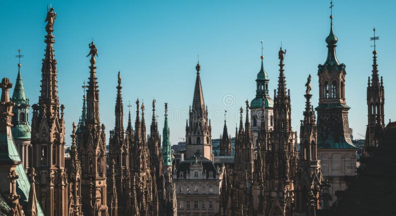 Numerous Gothic Spired Towers in a Sunny Cityscape Stock Illustration ...