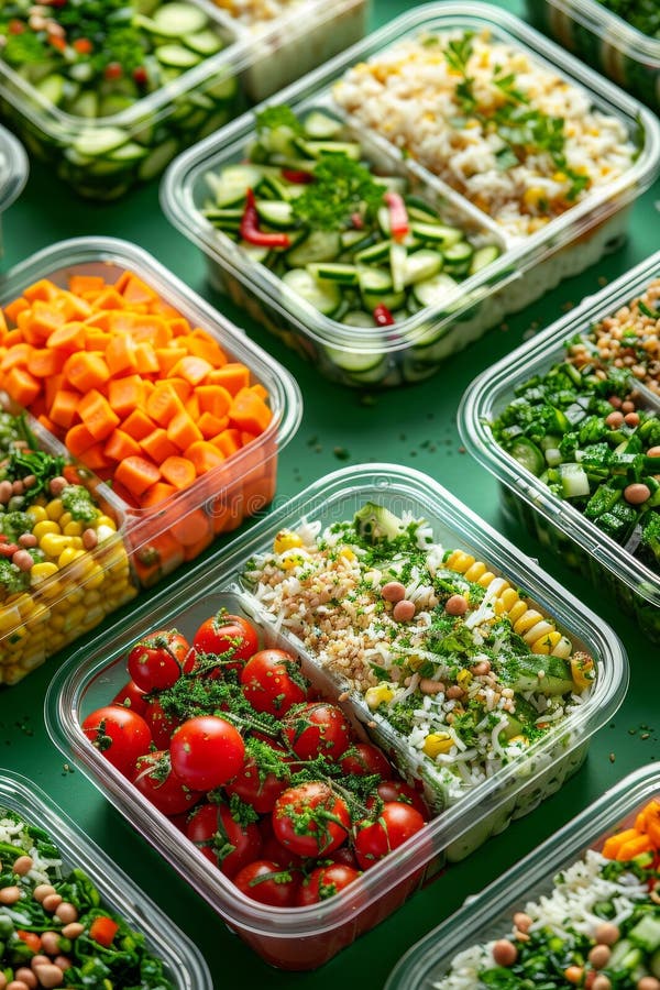 Numerous Plastic Containers Filled with Various Types of Prepared Food ...